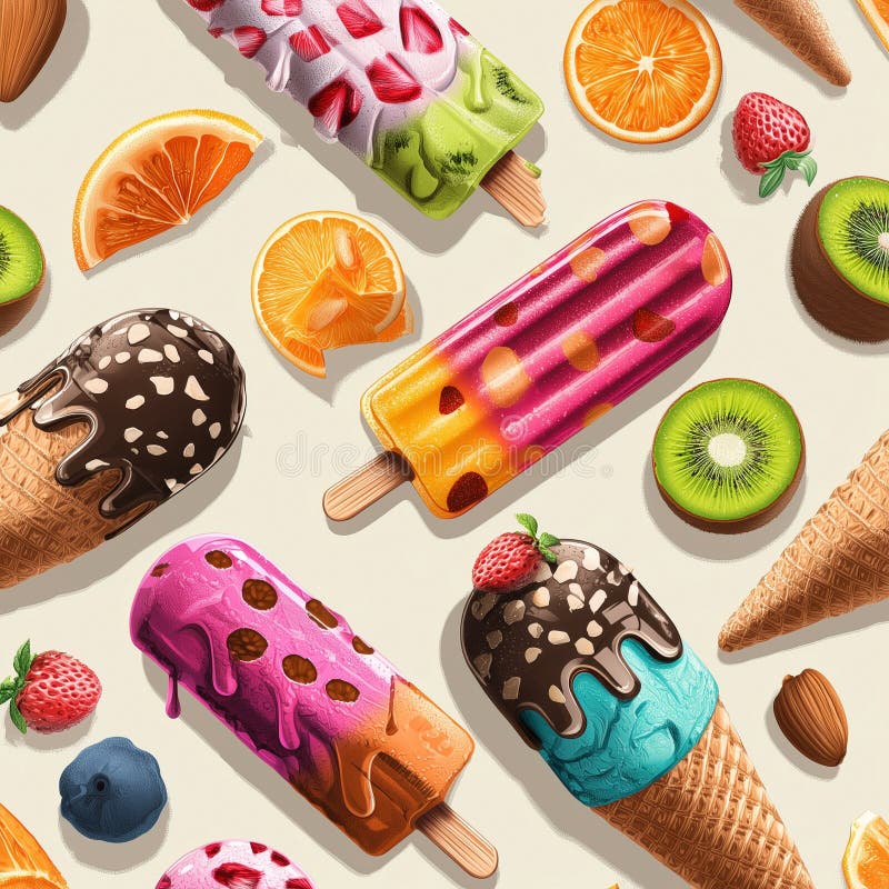 Hyper-realistic Seamless Pattern of Assorted Popsicles with Chocolate ...