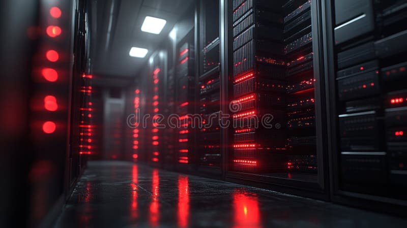 Hyper Realistic Server Room with Glowing Red Lights Creates Dramatic ...