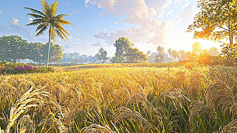 Golden Rice Paddy Field at Sunset Tropical Landscape AI Generated ...