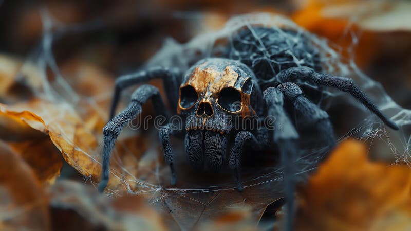 Hyper-realistic Spider with Skull Face Wrapped in Web on Autumn Leaves ...