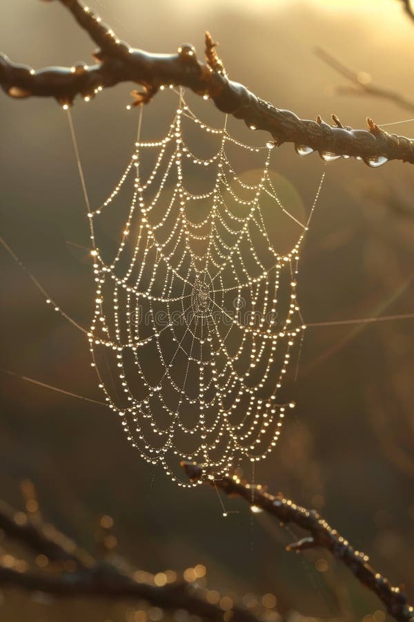 Hyper-realistic Spider Web with Dew Droplets Reflecting Morning Sun ...