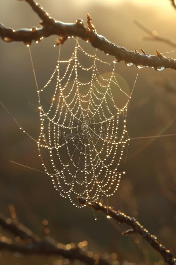 Hyper-realistic Spider Web with Dew Droplets Reflecting Morning Sun ...
