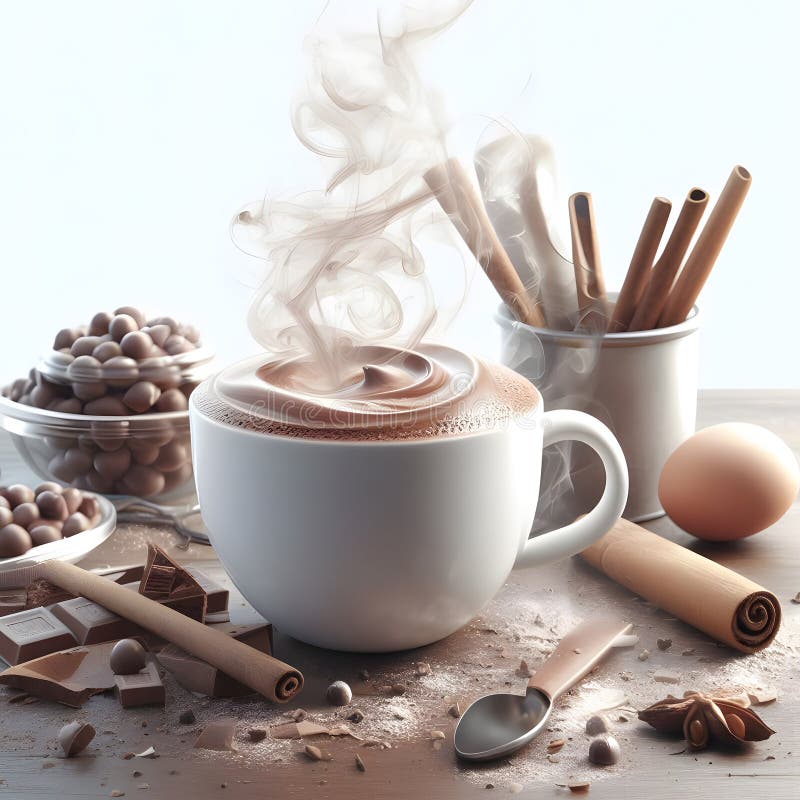 Hyper Realistic Steaming Hot Chocolate with Cup on Wooden Table Ai ...