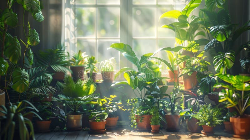 Hyper Realistic Sunlit Room with Indoor Plants, Intricate Leaf Textures ...