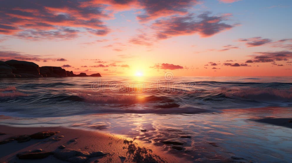 Hyper-realistic Sunset Beach: Vray Rendering in E. Munch Style Stock ...