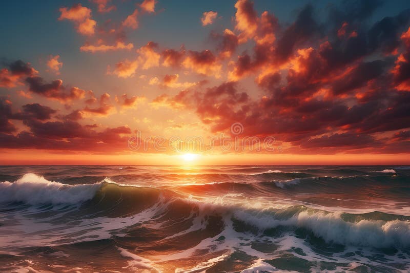 Hyper Realistic Sunset with Dramatic Sky Over Sea Stock Illustration ...