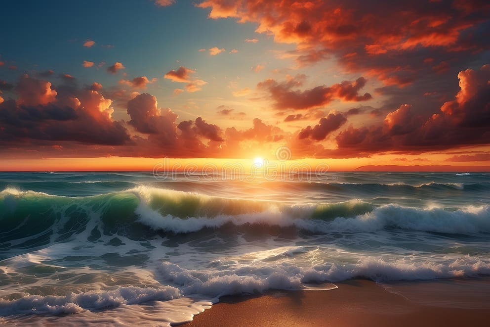Hyper Realistic Sunset Over Sea Stock Illustration - Illustration of ...