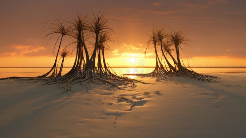 Hyper-realistic Sunset Scene with Three Trees in Daz3d Style Stock ...