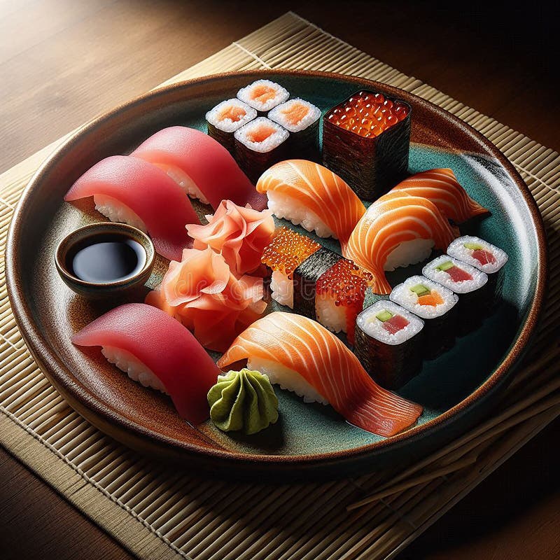 Hyper Realistic Sushi Dish on Ceramic Plate with Macro Details Stock ...