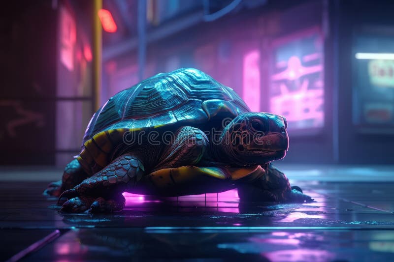 Hyper-Realistic Turtle in a Cyber-Urban Rococo World Stock Illustration ...