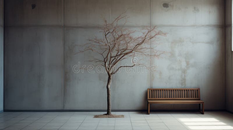 Hyperrealistic Composition: Tree and Wooden Bench in Empty Room Stock ...