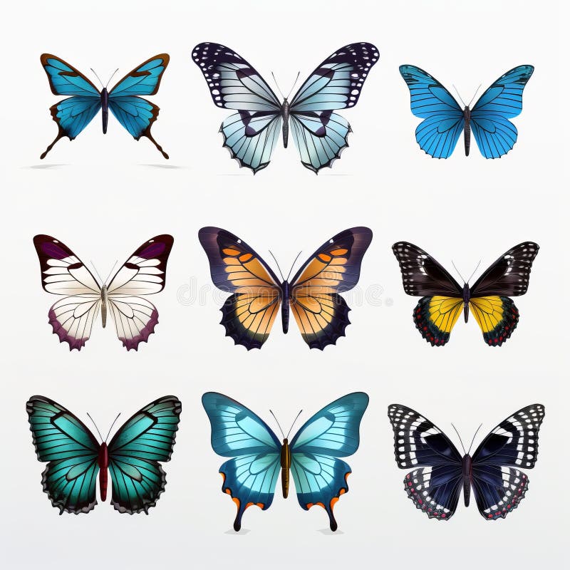 Hyper-realistic Vector Set of Different Colored Butterflies Stock ...