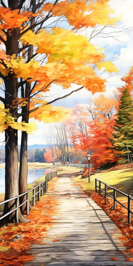 Hyper Realistic Watercolor Image of Maple View Pathway Scene Stock ...