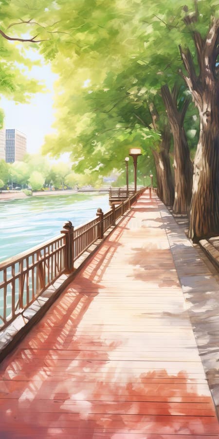 Hyper Realistic Watercolor Image of Riverwalk Pathway Scene Stock ...