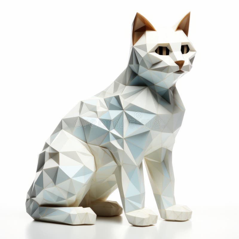 Hyper-realistic White Cat Figurine: Low Resolution Polygon Sculpture ...