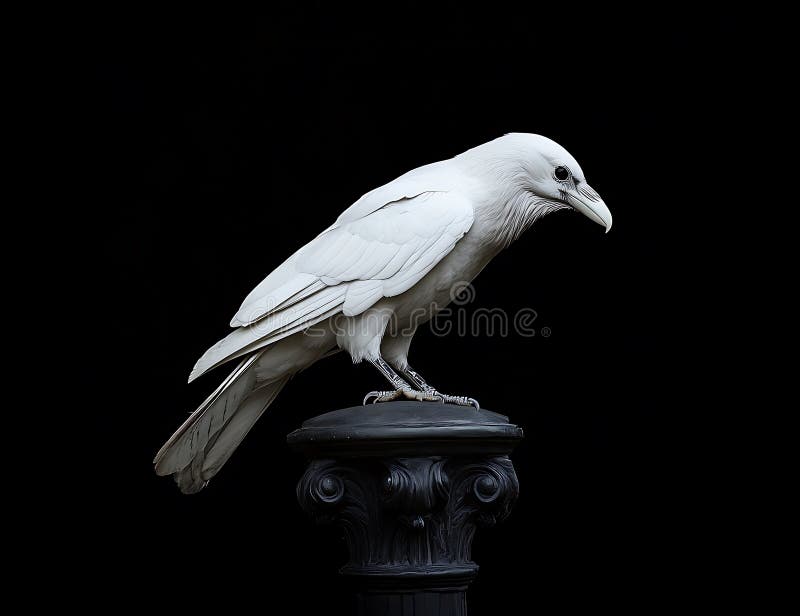 Hyper-Realistic White Raven Perched on Iron Post Against Black ...