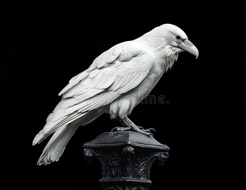 Hyper-Realistic White Raven Perched on Iron Post Against Black ...