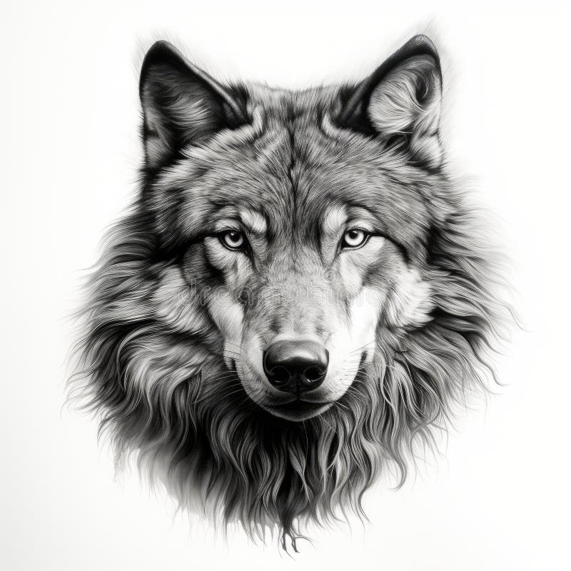 Hyper-realistic Wolf Portrait Tattoo Drawing in Black and White Stock ...