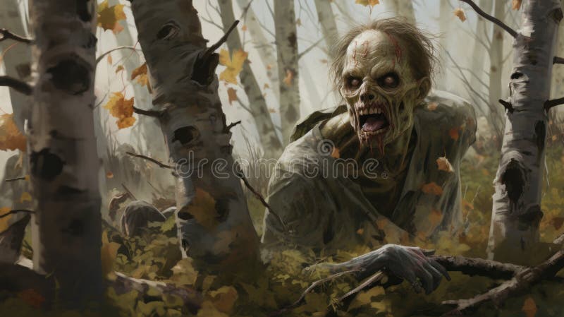 Hyper Realistic Zombie Feeding in Aspen Tree Grove Stock Illustration ...