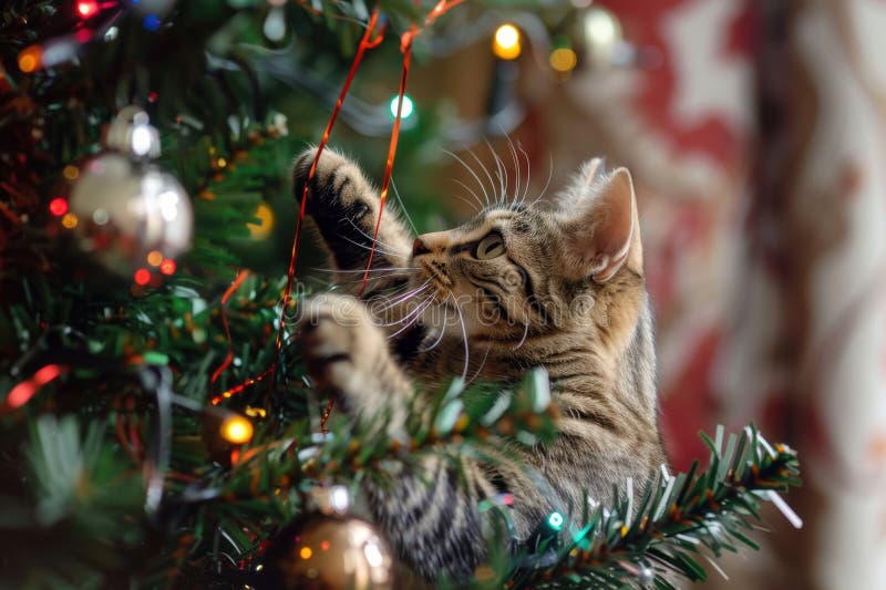 Hyperactive Cat with Big Eyes Tangled in Christmas Tree Lights, Playful ...