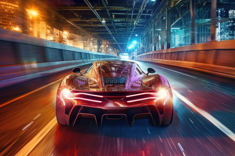 Hypercar Racing through Downtown Tunnel with Lights Reflecting Stock ...