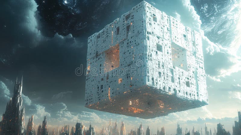 Hypercube Structure Floating Above Futuristic Cityscape, Showcasing ...