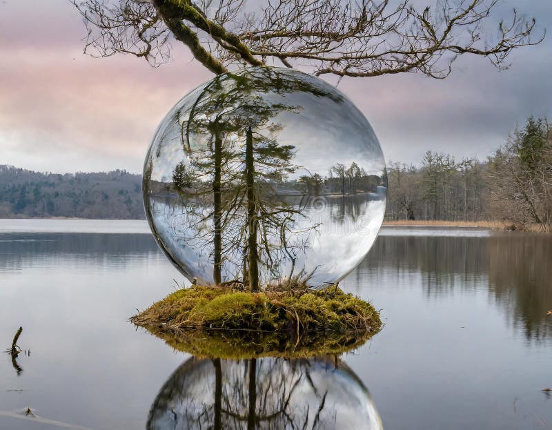 A Hyperdetailed Image of a Glass Sphere, Inside of Which is a Tranquil ...
