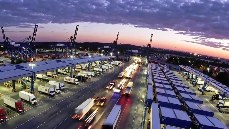 Hyperlapse of a Logistics Park at Dusk with Semi-Trailer Trucks Loading ...