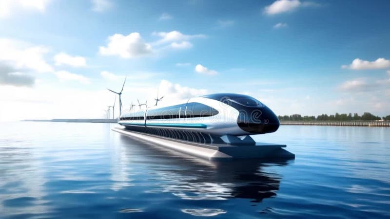 A Hyperloop Capsule Gliding Along an Elevated Track Over the Ocean and ...