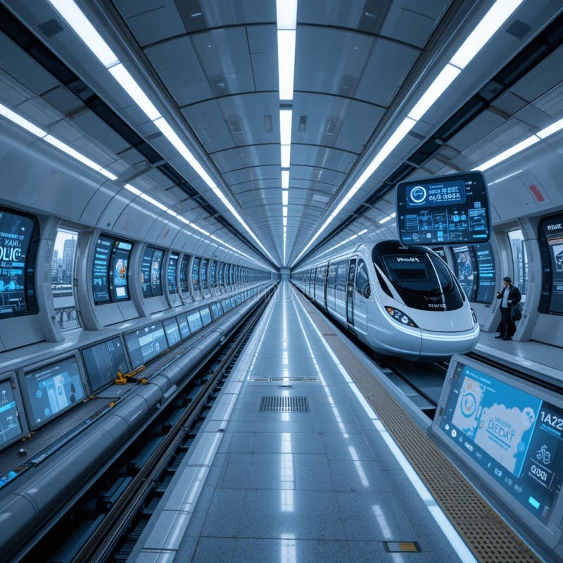 A Hyperloop Station with Sleek, AI-powered Trains and Floating Digital ...