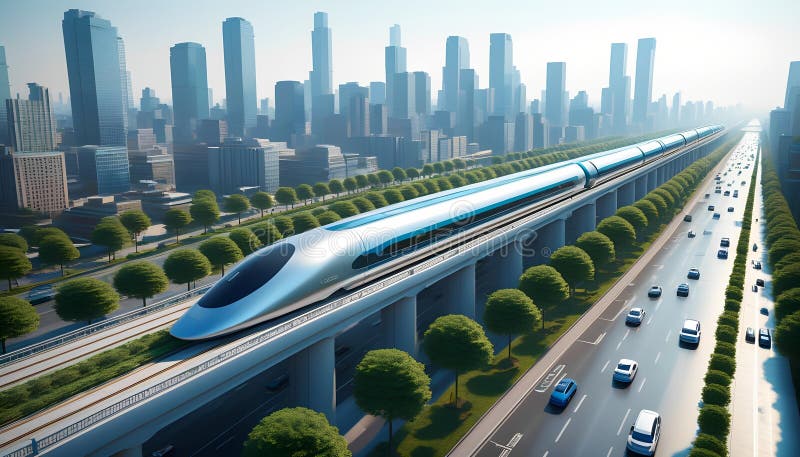 Hyperloop Track Running through a Bustling Modern City. Stock ...