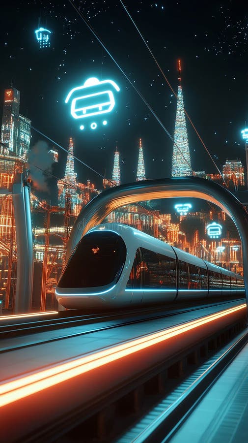 A Hyperloop Train Entering a Futuristic City with Glowing 5G Symbols ...