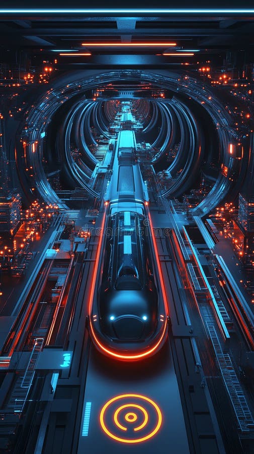 A Hyperloop Train Entering a Futuristic City with Glowing 5G Symbols ...