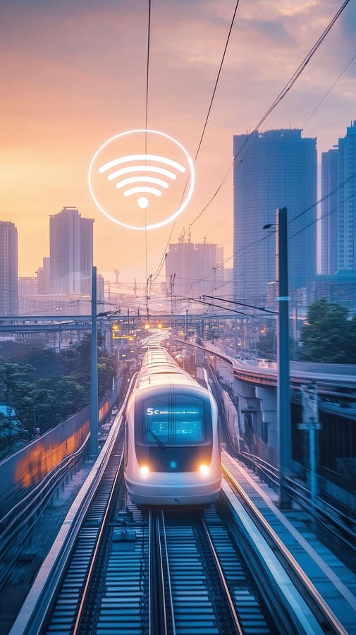 A Hyperloop Train Entering a Futuristic City with Glowing 5G Symbols ...