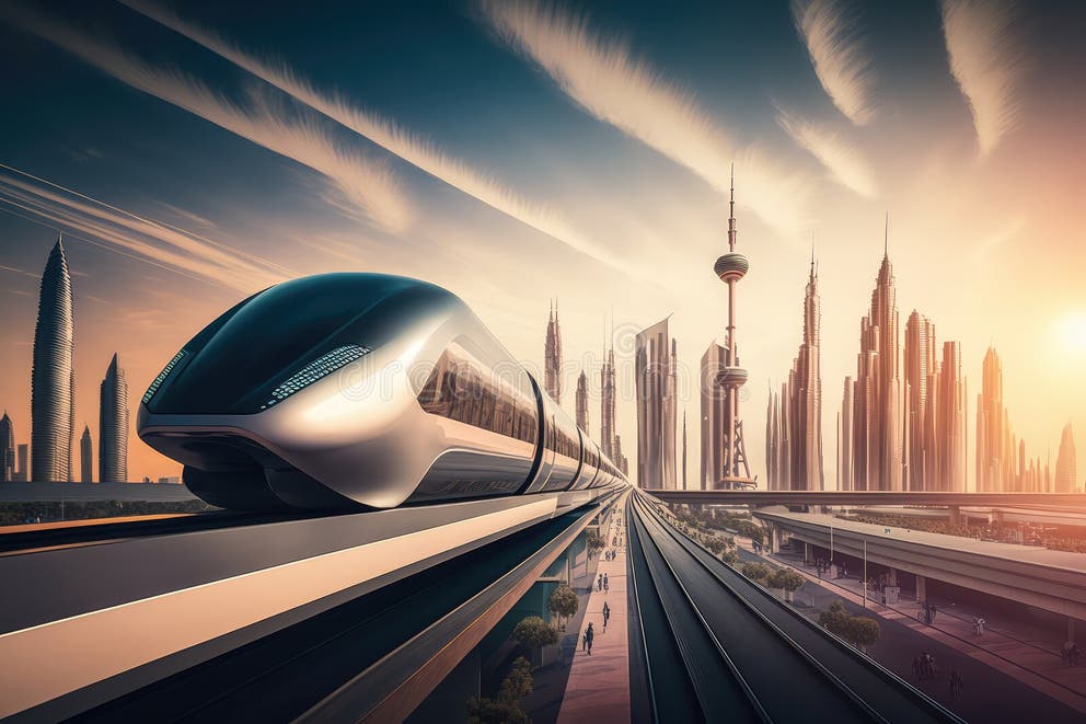 Hyperloop Train Racing through City Skyline Stock Illustration ...