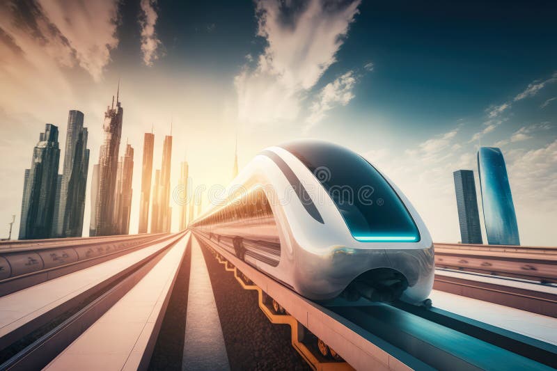 Hyperloop Train Rapidly Moving through a Futuristic City Stock ...