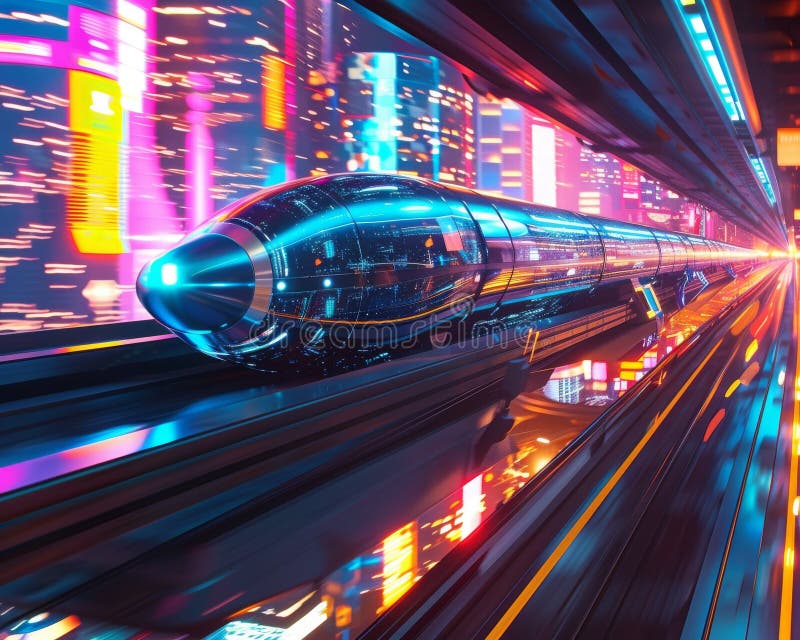 A Hyperloop Train Speeding through a Futuristic Neon Metropolis Stock ...