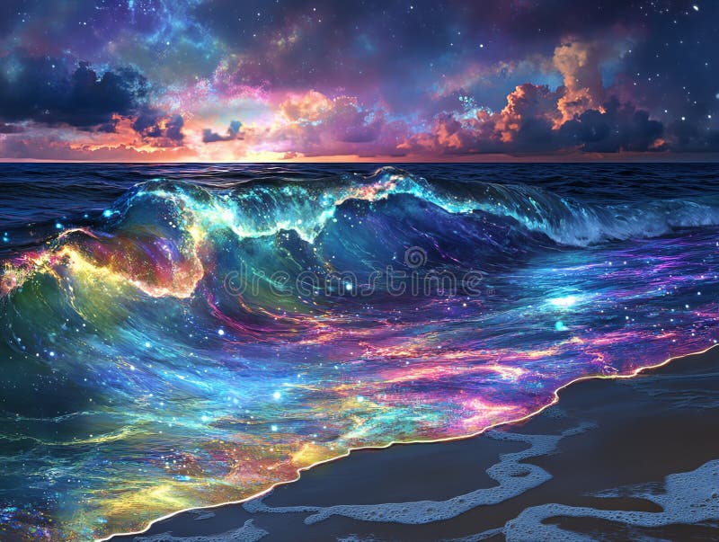 A Hyperreal Ocean Scene Where the Waves Ripple with Abstract Glowing ...
