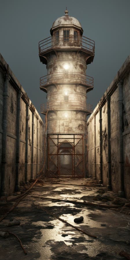 Hyperrealistic Abandoned Prison Tower at Night Stock Illustration ...