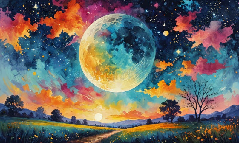 Painting Full Moon in the Night Sky Stock Illustration - Illustration ...