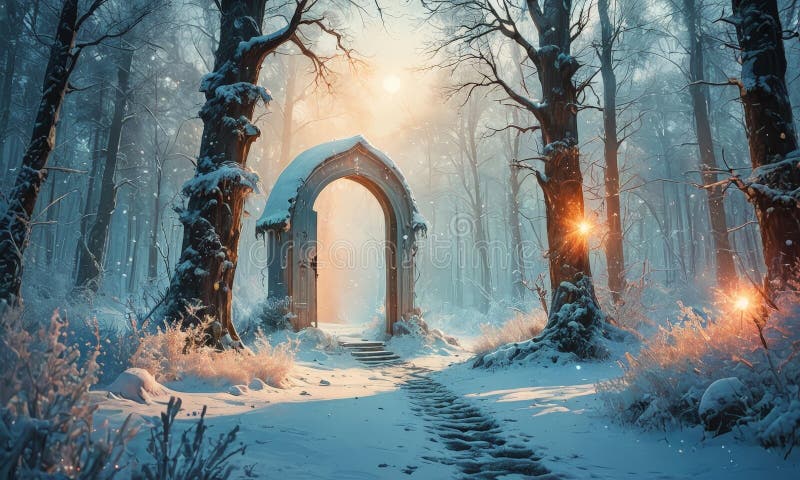 Snowy Forest with Gate and Path Leading To it Stock Illustration ...