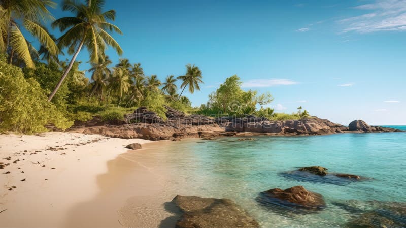 Hyperrealistic Beach Scene With Palm Trees And Ocean In Unreal Engine 5 Stock Illustration