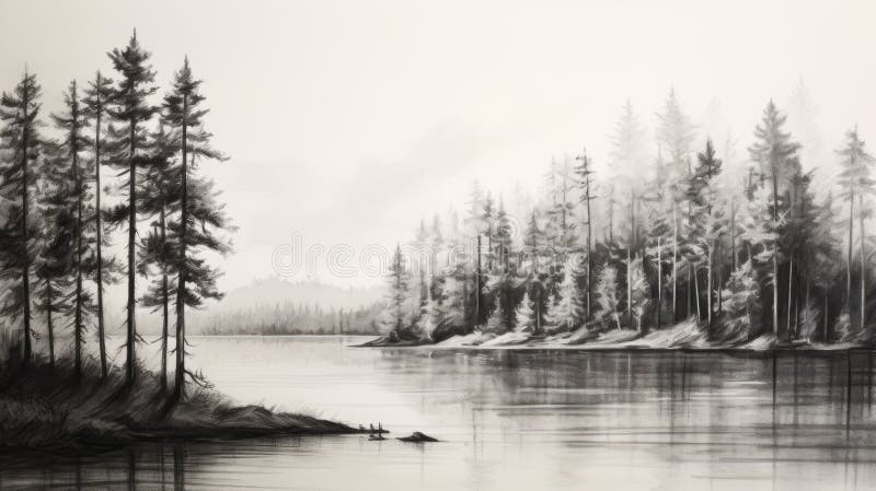 Hyperrealistic Black and White Drawing: Pine Trees by the Lake Stock ...