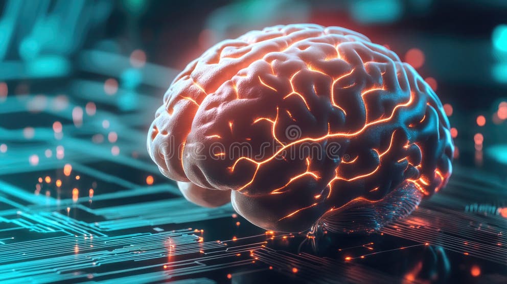 Hyperrealistic Brain Model with Pulsing LEDs and Circuit Board ...