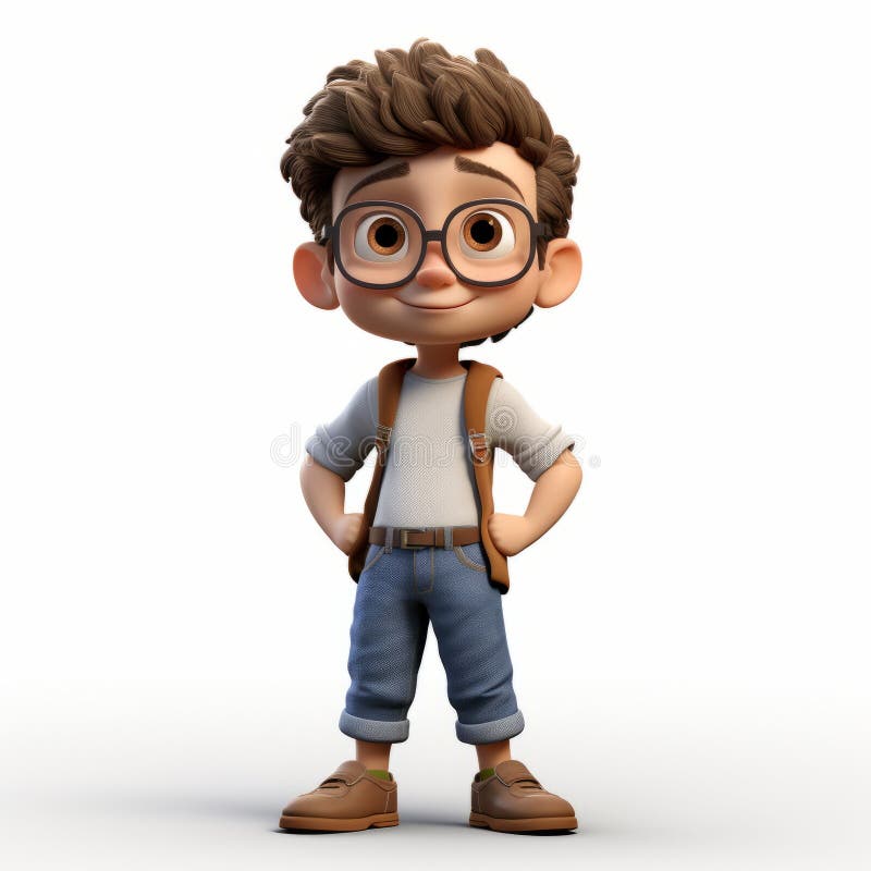 Hyperrealistic Cartoon Character: Boy with Glasses and Backpack Stock ...
