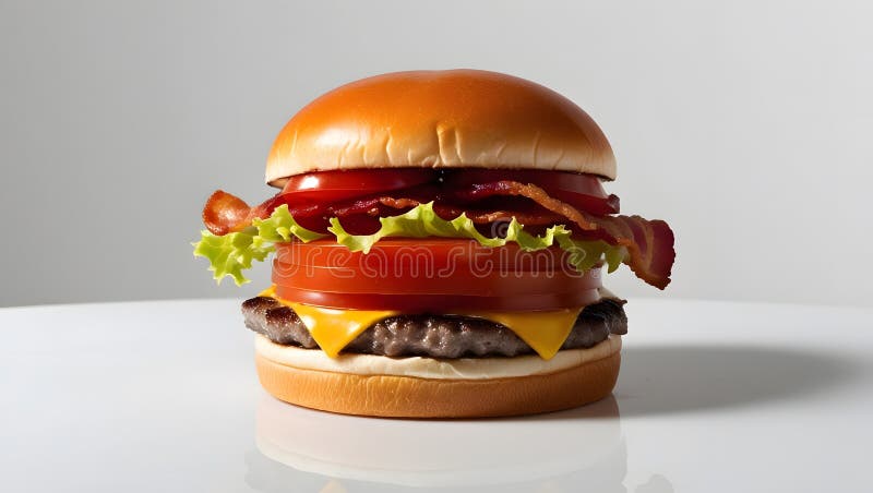 Hyperrealistic Cheeseburger with Bacon, Tomato, and Lettuce on a Plain ...