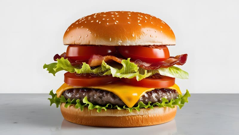Hyperrealistic Cheeseburger with Bacon, Tomato, and Lettuce on a Plain ...