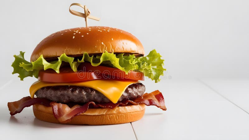Hyperrealistic Cheeseburger with Bacon, Tomato, and Lettuce on a Plain ...