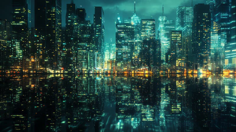 A Hyperrealistic Cityscape at Night, with Every Light and Reflection ...