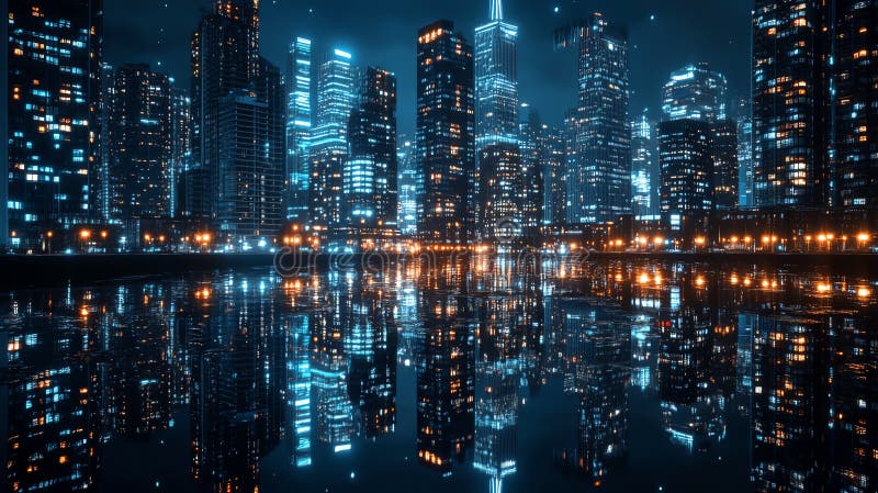 A Hyperrealistic Cityscape at Night, with Every Light and Reflection ...